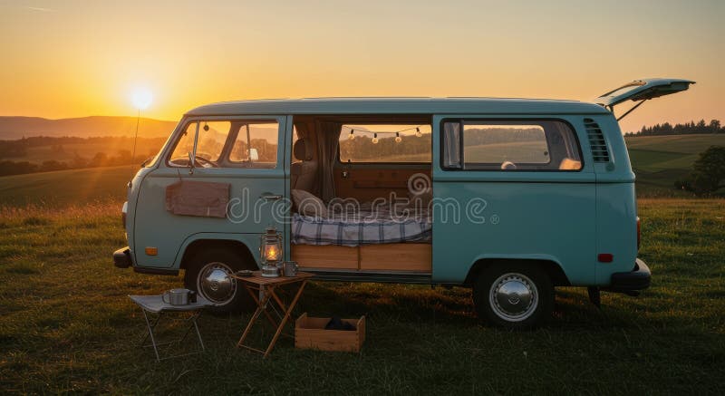 Vintage Camper Van in Forest Setting Stock Image - Image of trip, retro ...