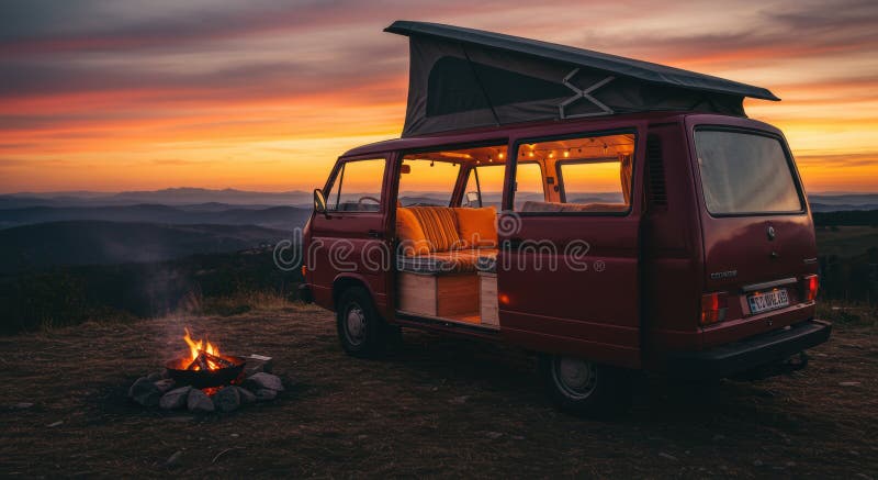 Vintage Camper Van at Sunset with Warm Lights and Open Roof by a ...