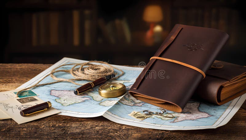 Vintage Camping Gear: Map, Compass, Leather Notebook, Rustic and ...