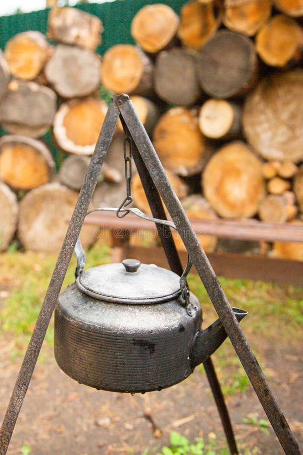 Vintage Camping Kettle Over Open Fire in Summer Forest Stock Photo ...