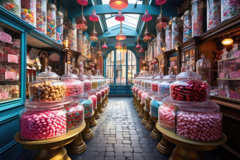 Vintage Candy Store with Rows of Glass Jars of Sweets. Candy Shop ...