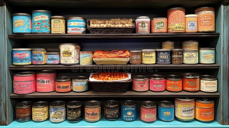Vintage Canned Goods Shelf Display Stock Illustration - Illustration of ...