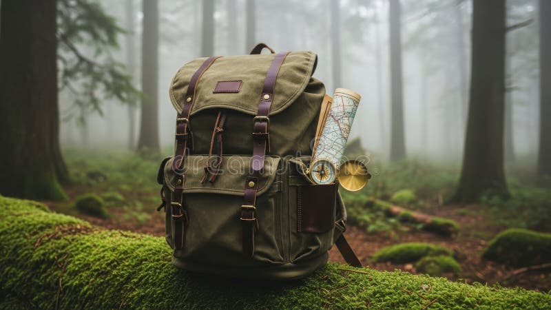 A Vintage Canvas and Leather Backpack with a Map and Compass, Resting ...