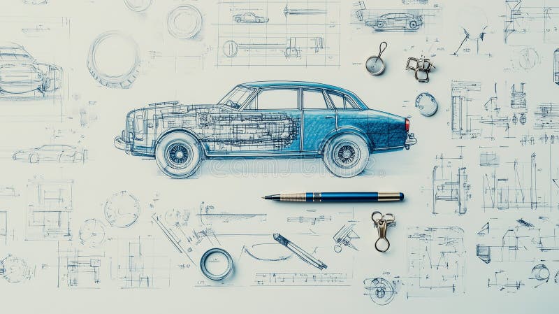 Vintage Car Blueprint with Engineering Sketches Stock Illustration ...