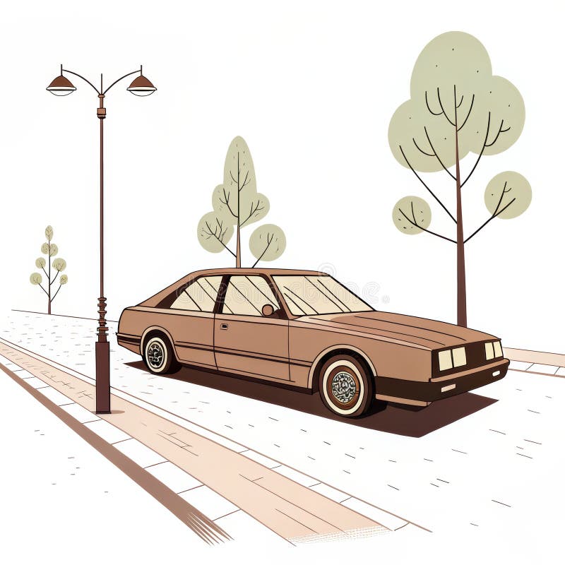 Vintage Car on Charming Tree-lined Street with Lamp Posts Stock Photo ...