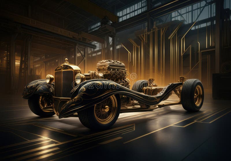 Vintage Car Chassis with Intricate Gold Detailing and a Powerful Engine ...