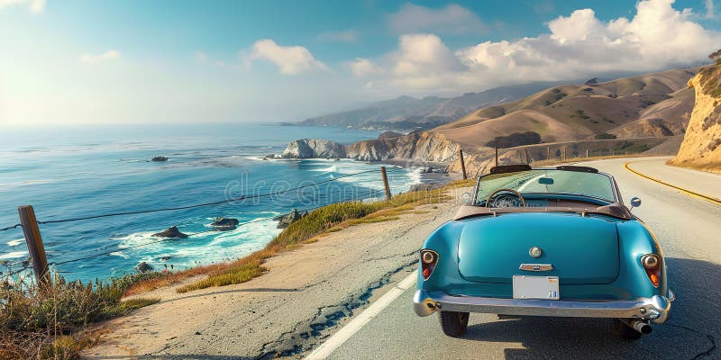 Vintage Car on a Coastal Road with Ocean Views Stock Photo - Image of ...