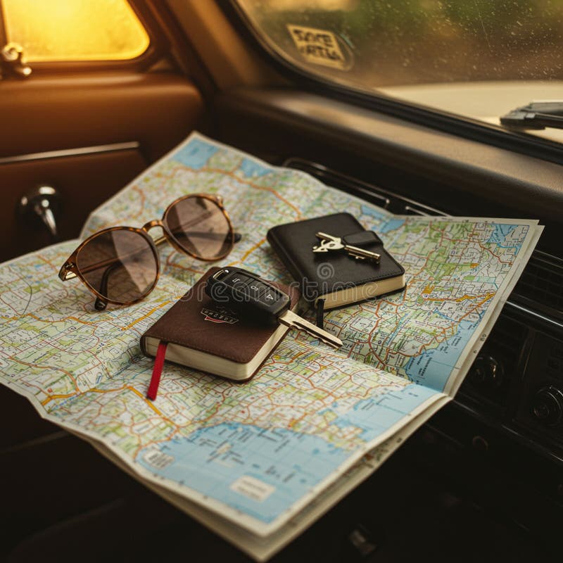 A Vintage Car Dashboard Features a Map Spread Out, with Sunglasses and ...