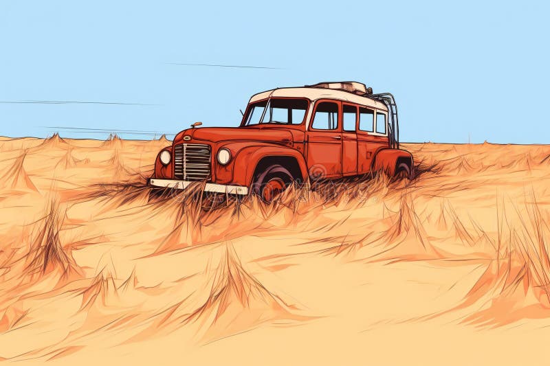 Vintage car in the desert, stock illustration. Illustration of design ...