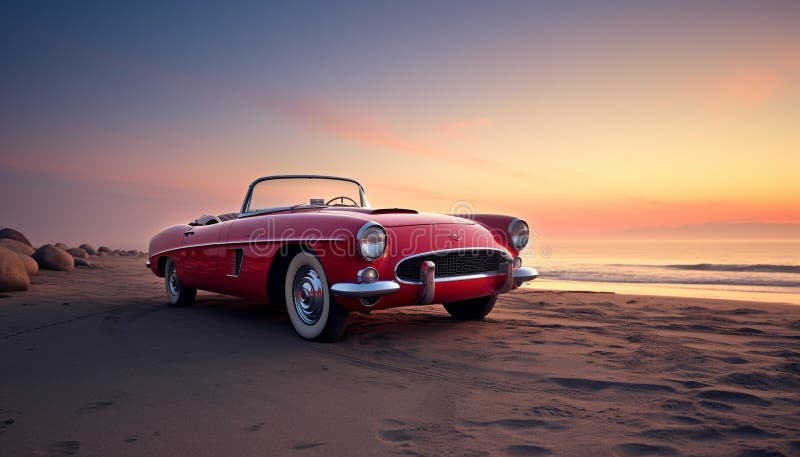 Vintage Car Driving on Sandy Road Under a Beautiful Sunset Generated by ...