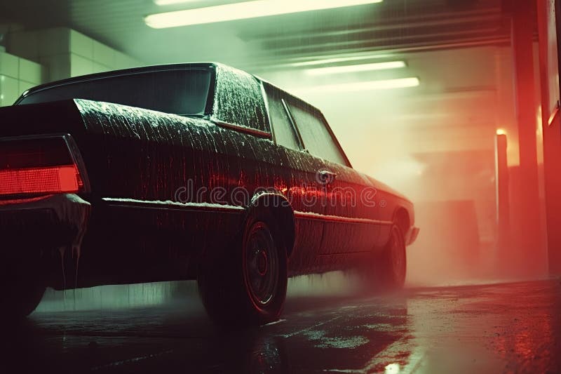 Vintage Car Getting Washed in Automatic Car Wash at Night Stock Photo ...