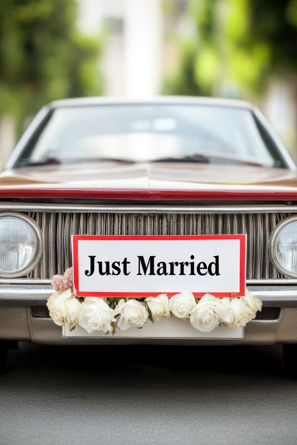 Vintage Car with Just Married Sign and Roses on Bumper Stock Photo ...
