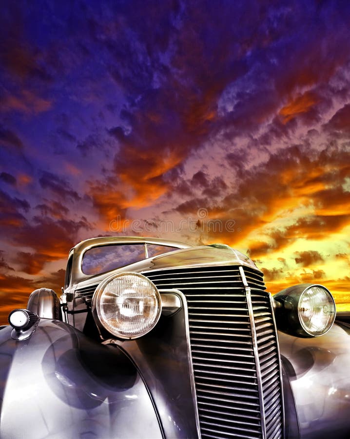 Vintage Car Large Brightly Coloured Sunset Stock Photo - Image of ...