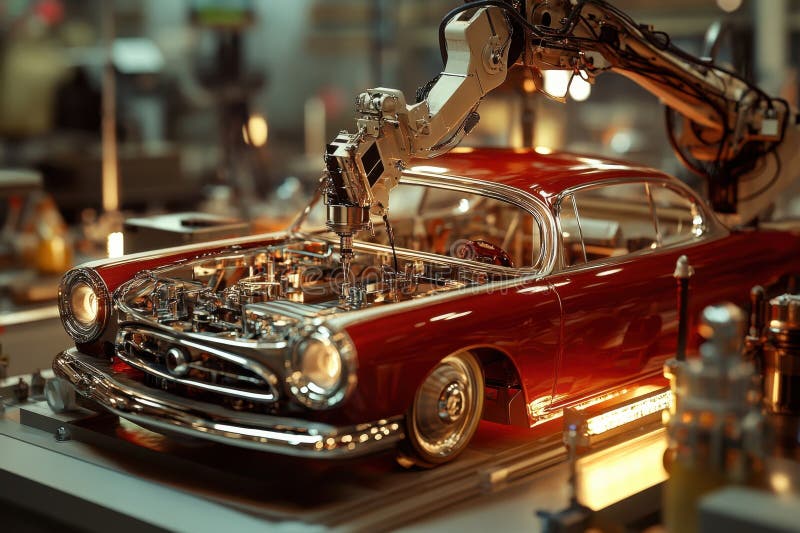 Vintage Car Model Being Assembled in a High-tech Workshop with Robotic ...