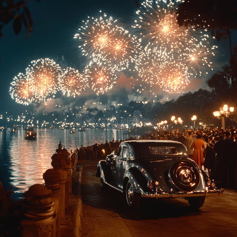 A Vintage Car Parked on a Dock during a Nighttime Celebration, with ...