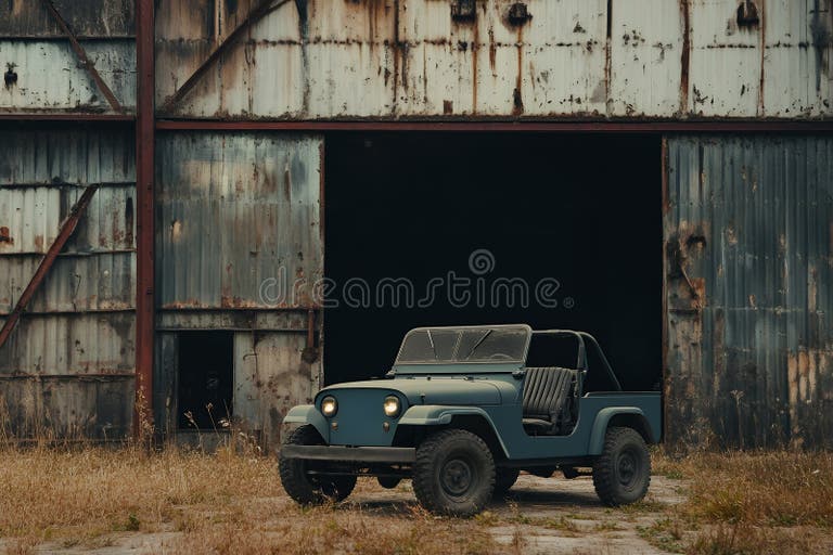 A Vintage Car Parked in Front of an Old, Rustic Warehouse, Creating a ...