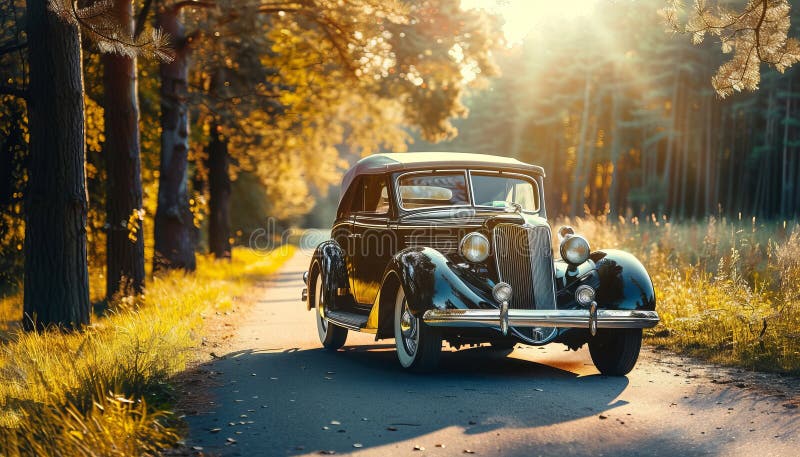 Vintage Car Parked on the Road in the Morning with Sun Rays Stock ...