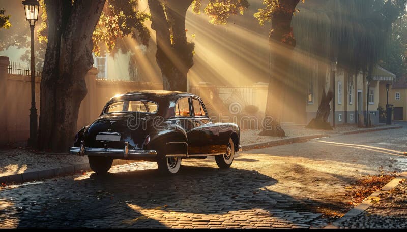Vintage Car Parked on the Road in the Morning with Sun Rays Stock ...