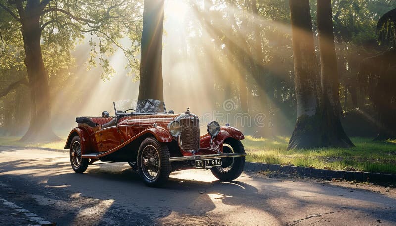 Vintage Car Parked on the Road in the Morning with Sun Rays Stock ...