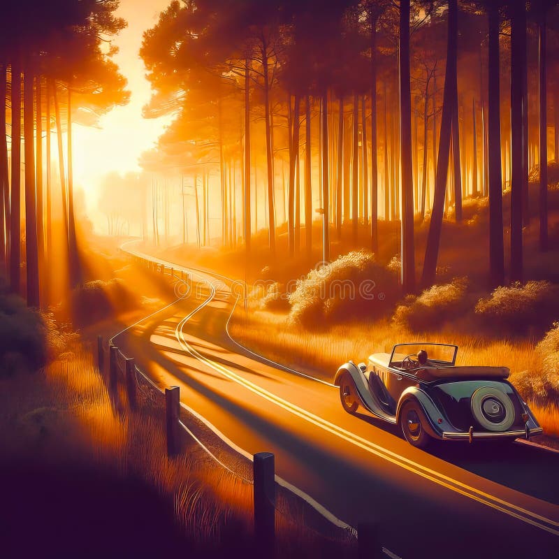 Vintage Car on the Road in the Forest. 3d Rendering Stock Illustration ...