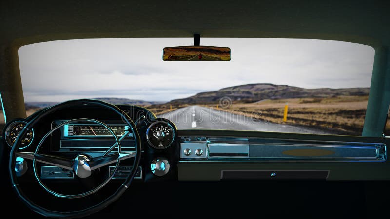 A Vintage Car on the Road in the Wilderness, Interior, Dashboard, Front ...