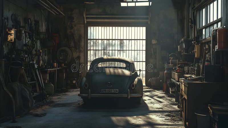 Vintage Car in Sunlit Rustic Garage Workshop with Tools and Equipment ...
