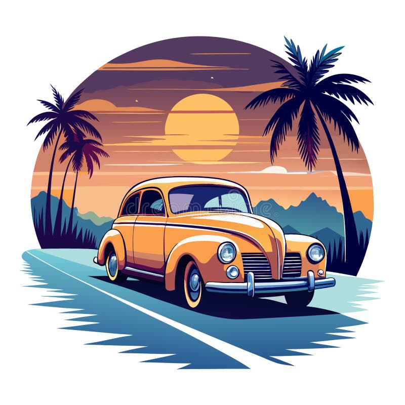 Vintage Car with Sunset Background, Vector Illustration, Vacation Theme ...