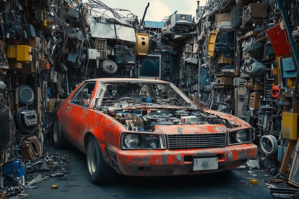 Vintage Car Surrounded by Cluttered Scrap Materials Stock Illustration ...