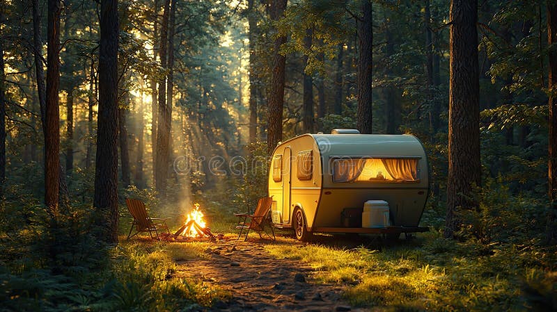 Vintage Caravan Camper Parked in a Forest with a Campfire Stock Image ...