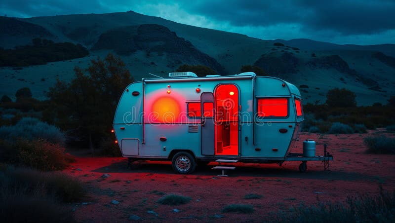 Vintage Caravan Glowing Red Under Dramatic Twilight Sky in Desert ...