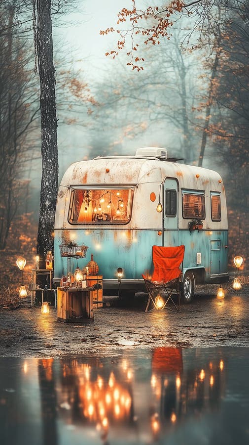 Vintage Caravan Illuminated in a Misty Forest Setting at Night Stock ...
