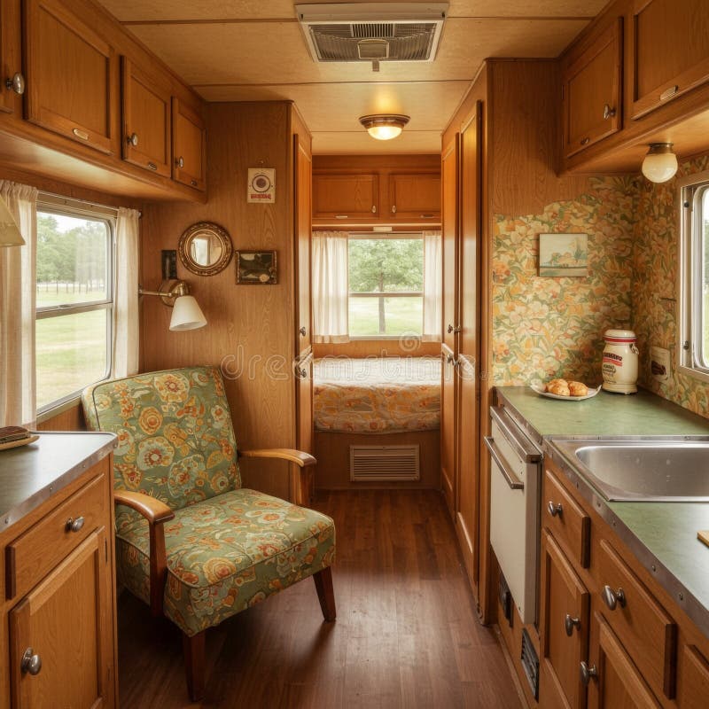 Vintage Caravan Interior with Retro Decor and Floral Chair Stock ...