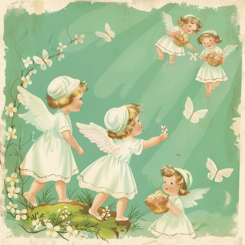 Vintage card with angels stock illustration. Illustration of heaven ...