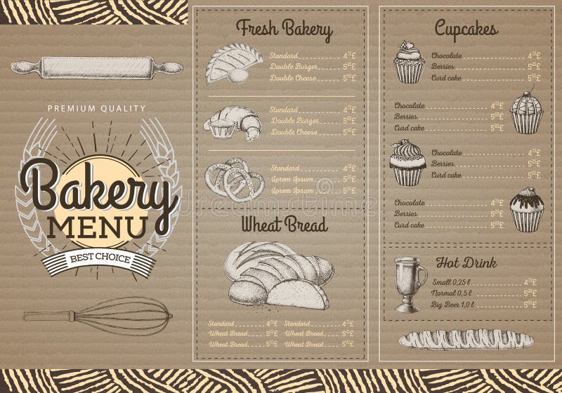 Vintage Bakery Menu Design on Cardboard Texture. Stock Vector ...