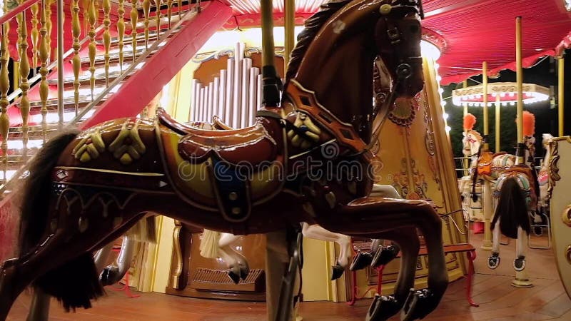 Vintage Carousel with Colorful Wooden Circus Horse Stock Footage ...