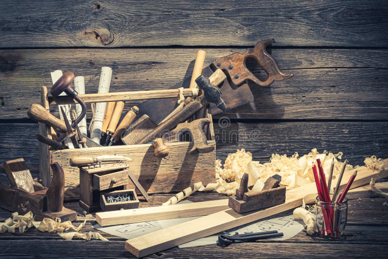 Vintage Carpenter Working Tools on Rustic Wooden Table Stock Image ...