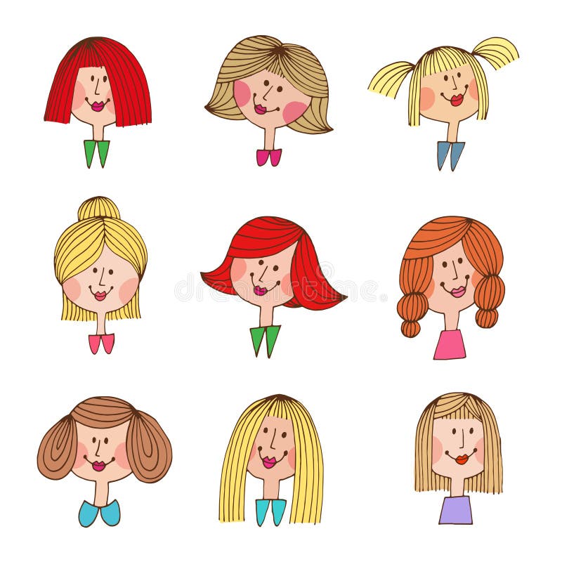 Vintage Cartoon Girls With Various Hair Styles Stock Vector