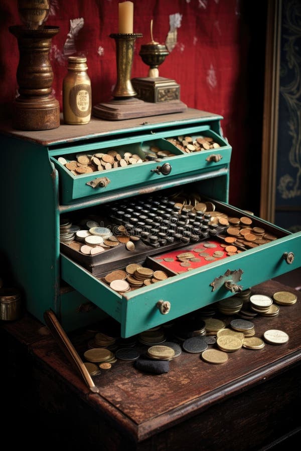 Vintage Cash Register with Drawer Open and Coins Stock Illustration ...
