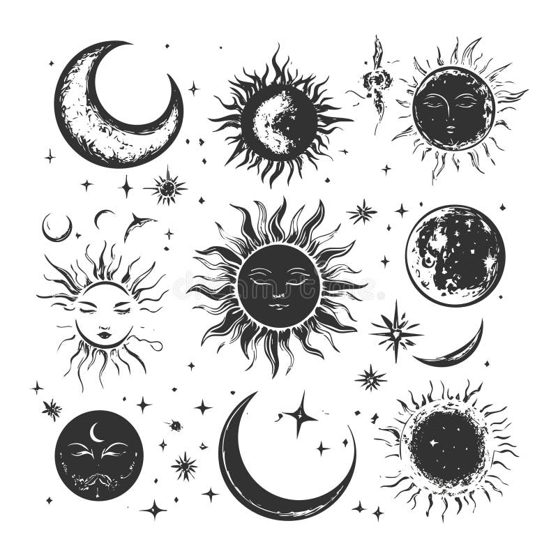 Vintage Celestial Illustration with Sun, Moon, and Stars in Black and ...