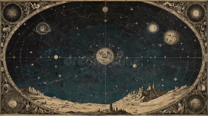 Vintage Celestial Map Engraving Depicting the Solar System and ...