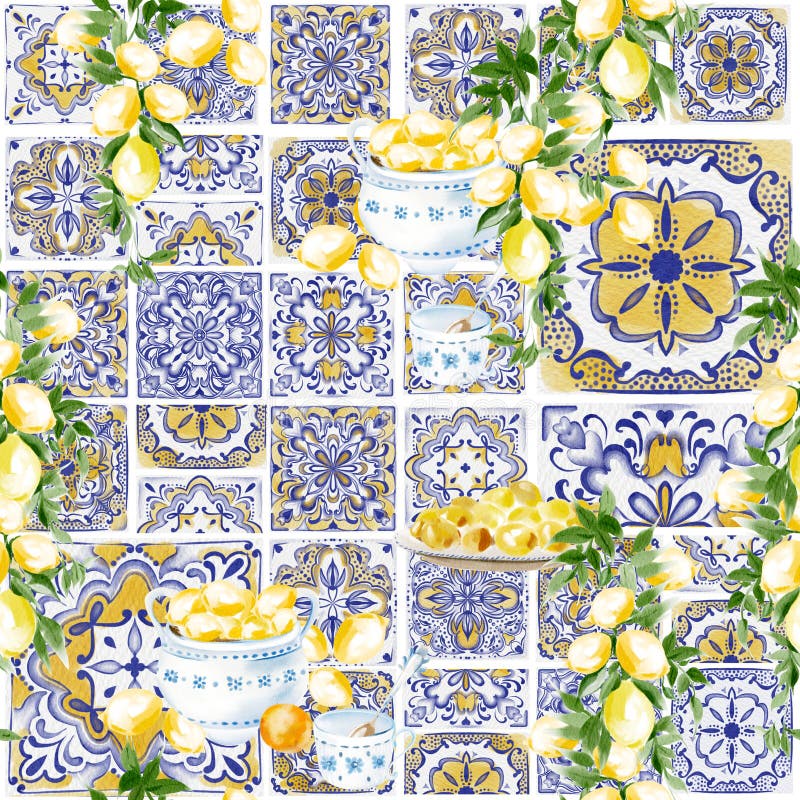 Vintage Ceramic Motifs with Lemons Seamless Pattern, Watercolor Stock ...