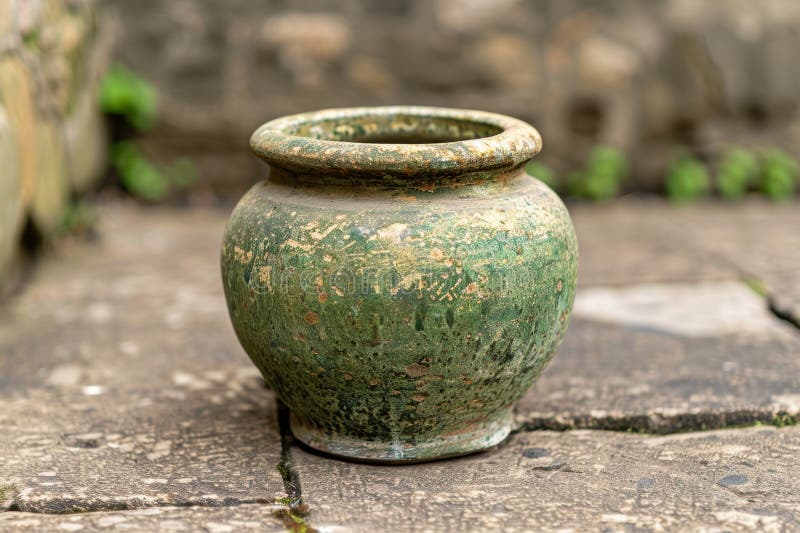 Vintage Ceramic Pot with Distressed Green Glaze Stock Illustration ...