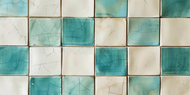 Vintage Ceramic Tile Pattern with Cracked Turquoise and Beige Squares ...