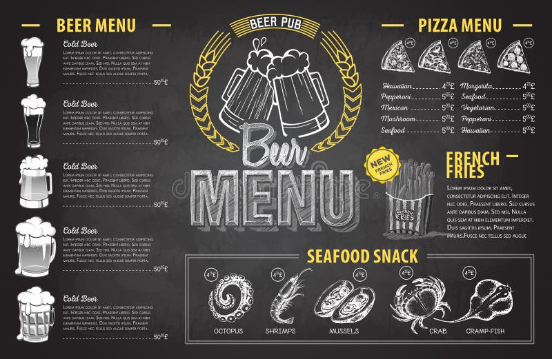 Vintage Chalk Drawing Beer Menu Design. Restaurant Menu Stock Vector ...