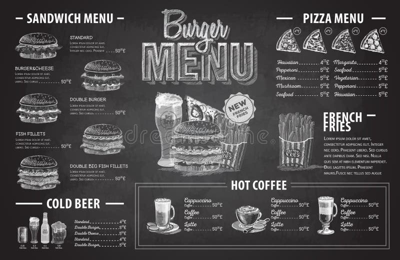 Vintage Chalk Drawing Burger Menu Design. Fast Food Menu Stock Vector ...