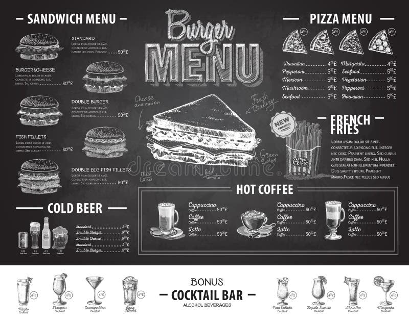 Vintage Chalk Drawing Burger Menu Design. Fast Food Menu Stock Vector ...