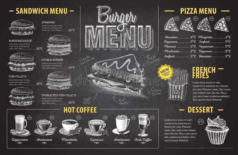Vintage Chalk Drawing Burger Menu Design. Fast Food Menu Stock Vector ...