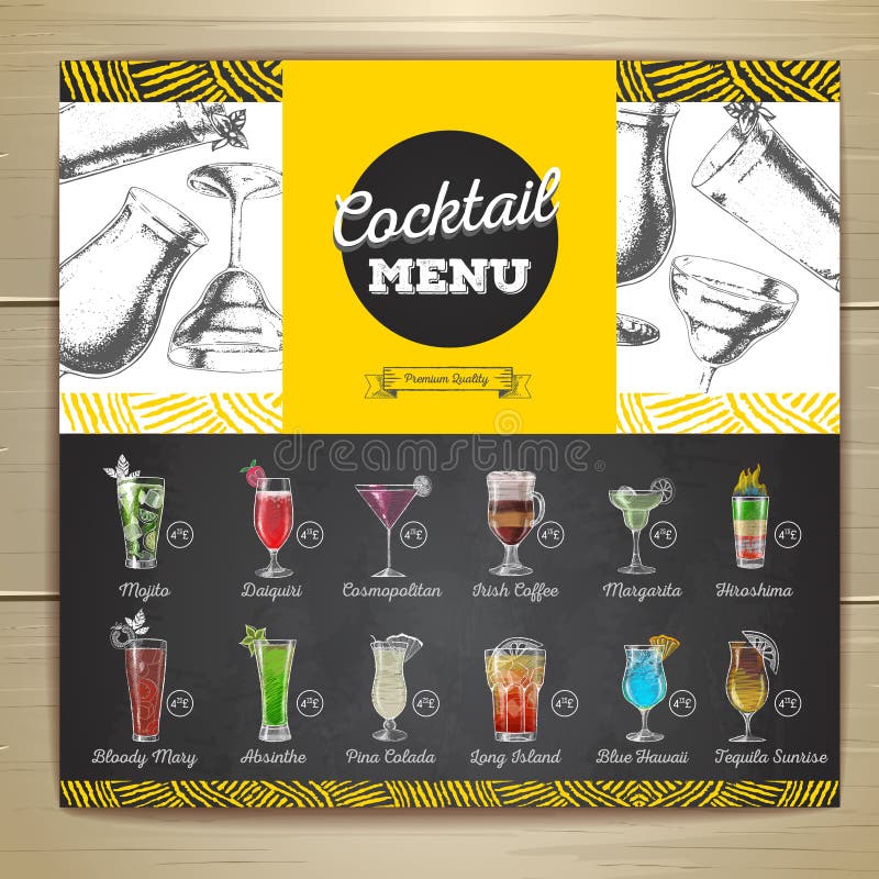 Vintage Chalk Drawing Cocktail Menu Design. Stock Vector - Illustration ...
