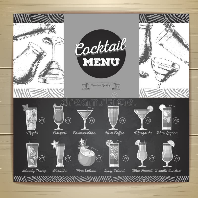 Vintage Chalk Drawing Flat Cocktail Menu Design. Stock Vector ...