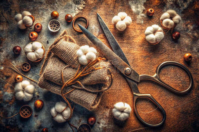 Vintage Charm a Rustic Still Life Featuring Aged Scissors Soft Cotton ...